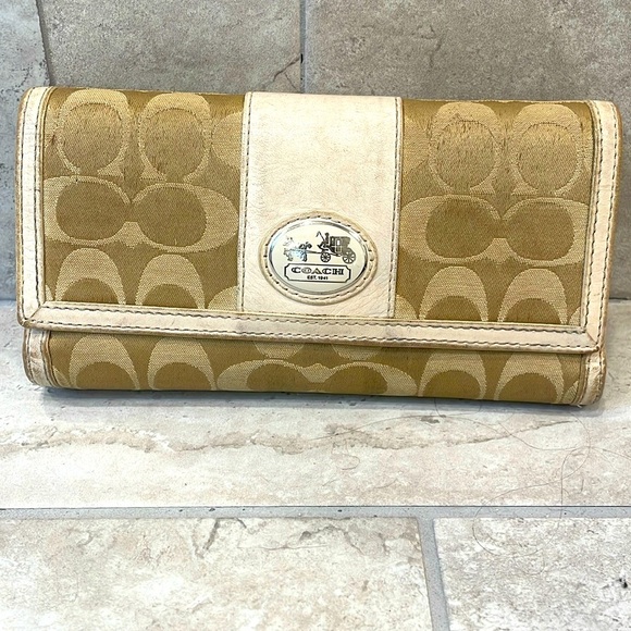 Coach | Bags | Coach Signature Trifold Wallet Canvas Leather Trim ...